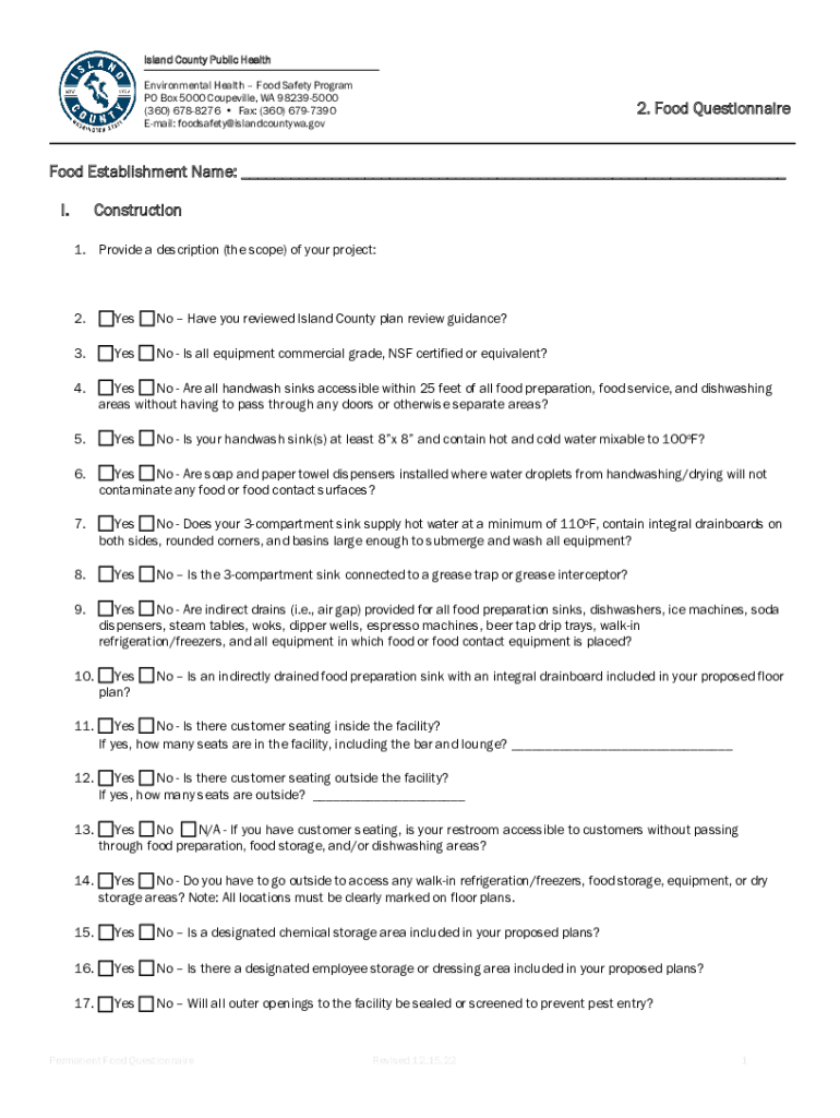 Fillable Online 2. Food Questionnaire Food Establishment Name: I ...