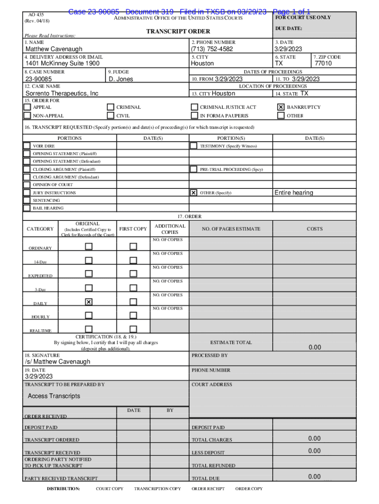 Fillable Online AO 435 - Transcript Order Form and Instructions Fax ...