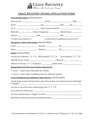Fillable Online GRACE RECOVERY INTAKE APPLICATION FORM Fax Email Print ...