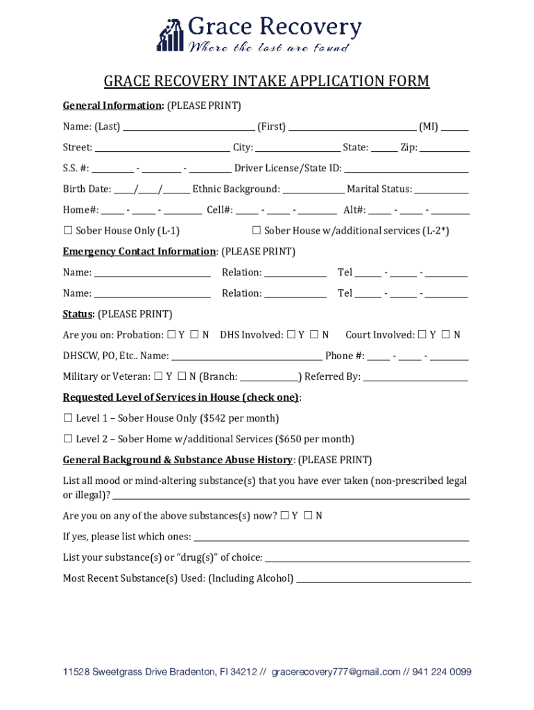 Fillable Online GRACE RECOVERY INTAKE APPLICATION FORM Fax Email Print ...