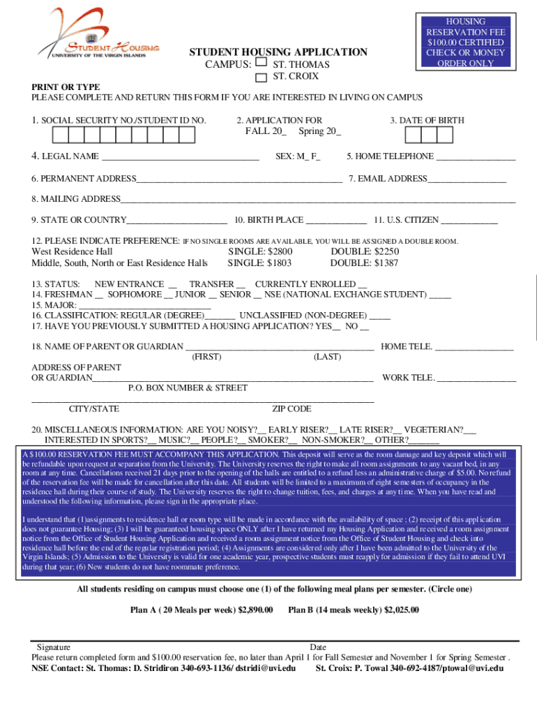 Fillable Online student housing application campus: st. thomas Fax ...