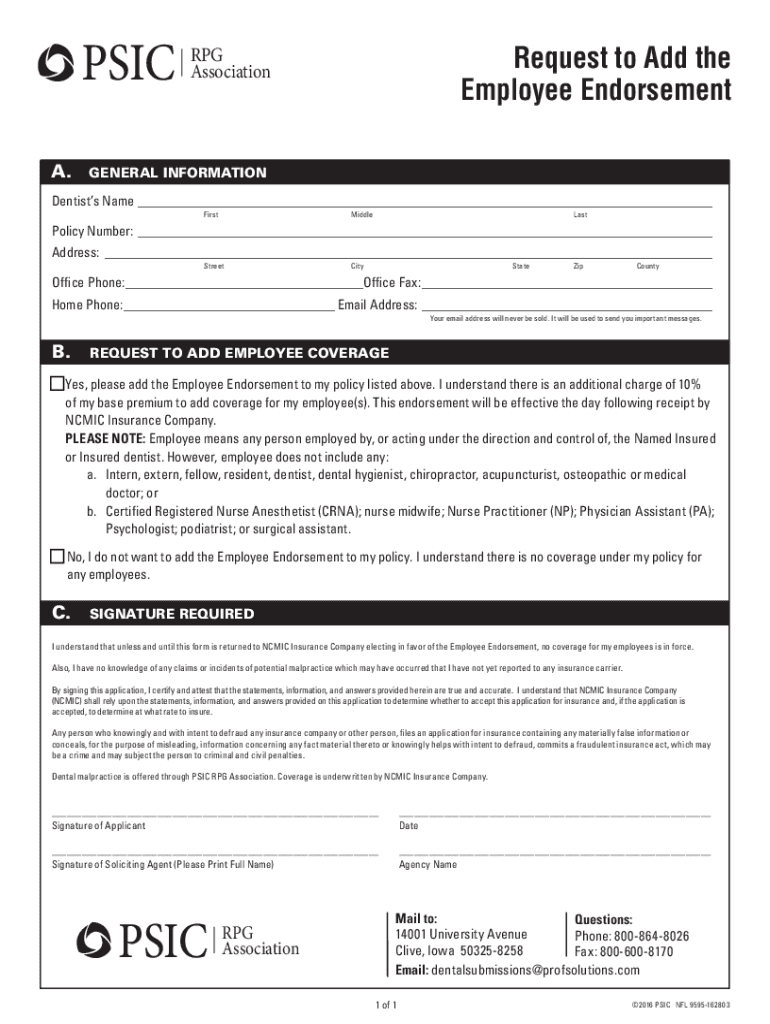 Fillable Online PSIC RPG Request to Add the Employee Endorsement Fax ...