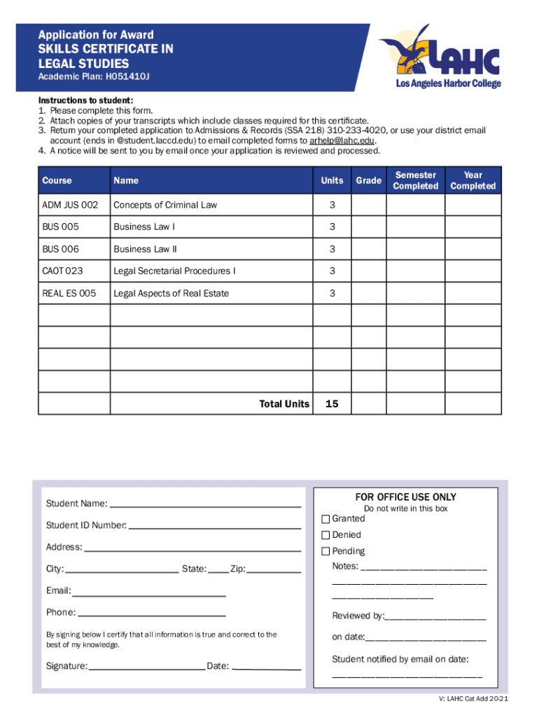 Fillable Online effectiveness lahc legal studies skills certificate ...