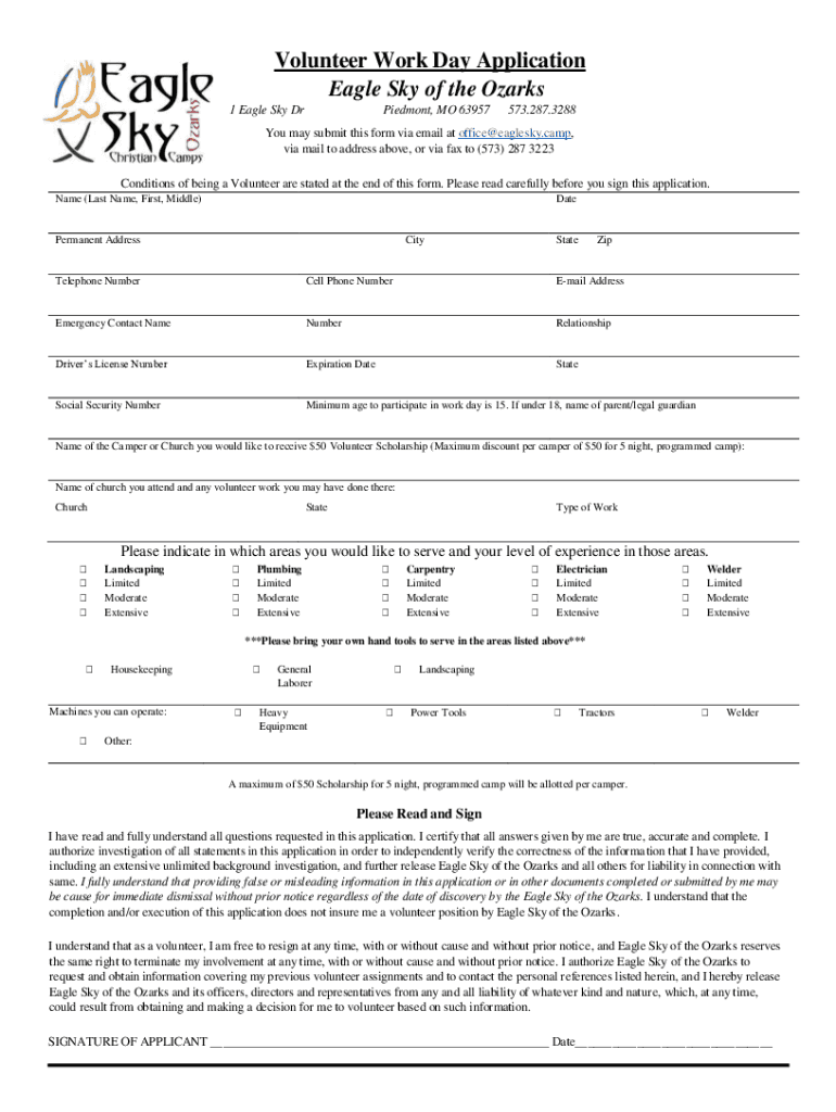 Fillable Online Volunteer Work Day Application Eagle Sky of the Ozarks Fax Email Print - pdfFiller