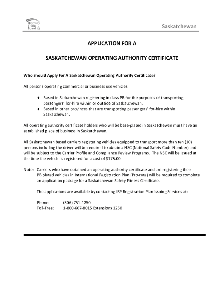 Fillable Online application for a saskatchewan operating authority ...
