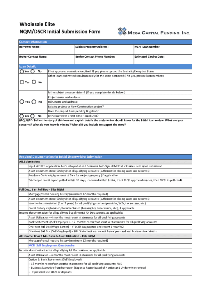 Fillable Online Wholesale Elite NQM/DSCR Initial Submission Form Fax Email Print - pdfFiller
