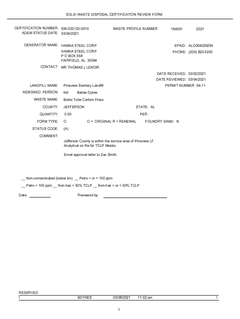 Fillable Online SOLID WASTE DISPOSAL CERTIFICATION REVIEW ... Fax Email ...