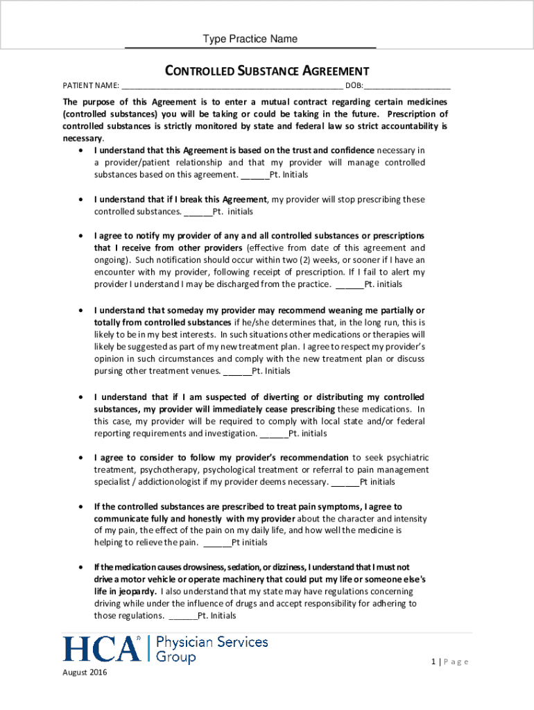 Controlled Substance Agreement - Blank Fillable Template | Fill Out ...
