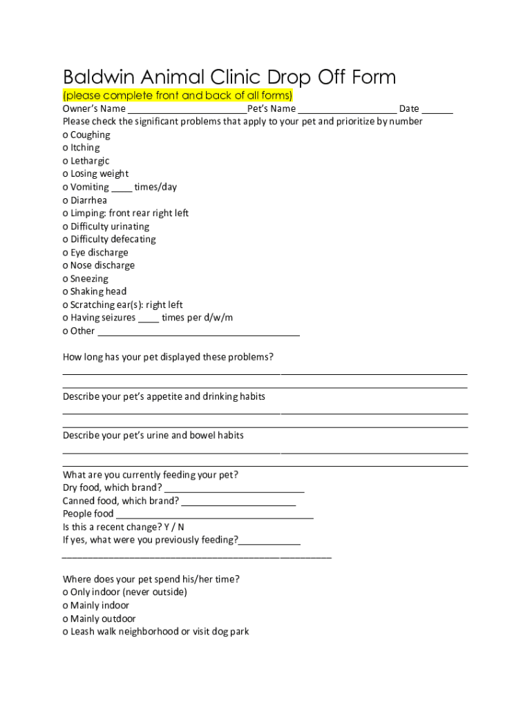 Fillable Online Baldwin Animal Clinic Drop Off Form Fax Email Print ...