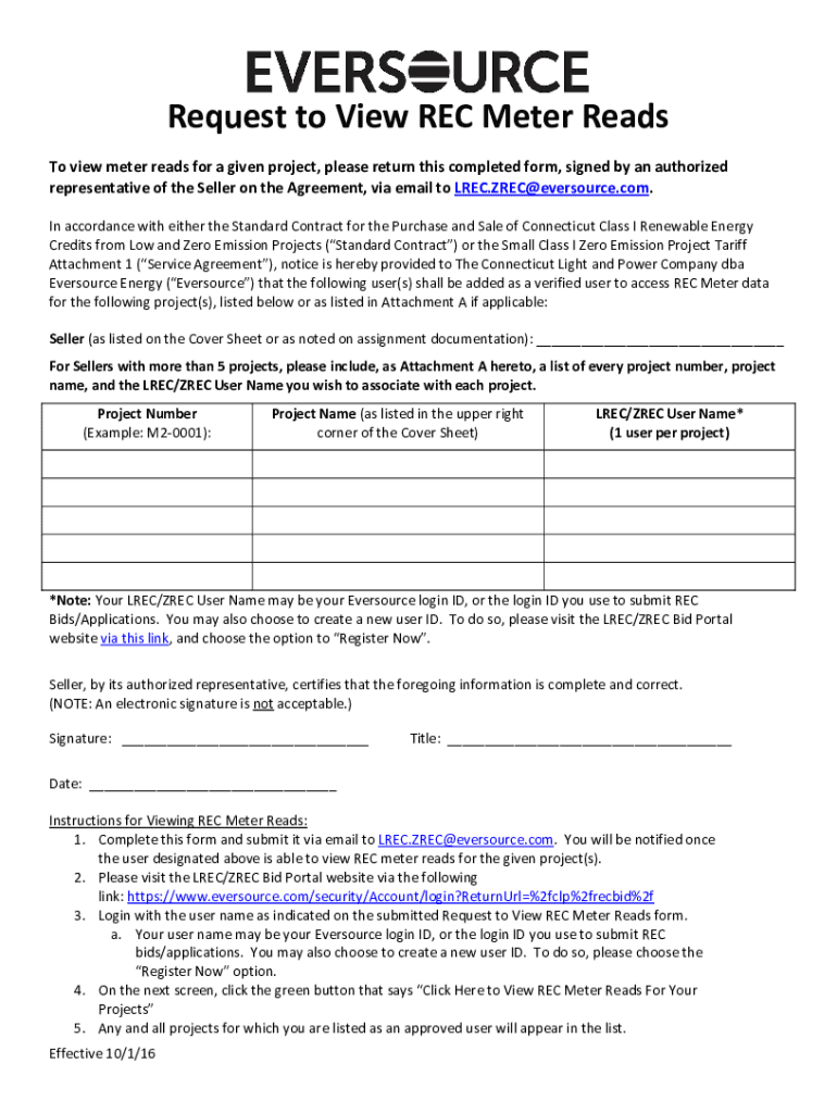 Fillable Online Request to View REC Meter Reads Eversource Fax Email ...