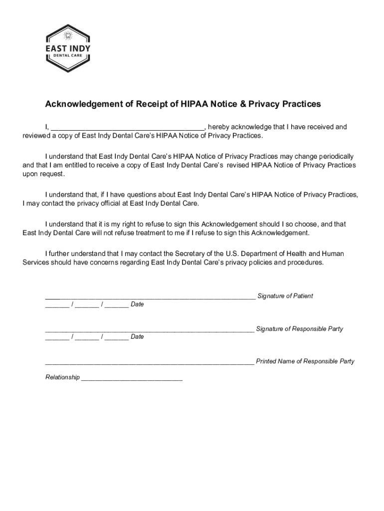 Fillable Online Acknowledgement of Receipt of HIPAA Notice & Privacy ...