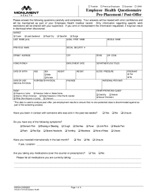 Fillable Online Employee Health Questionnaire Pre-Placement / Post ...