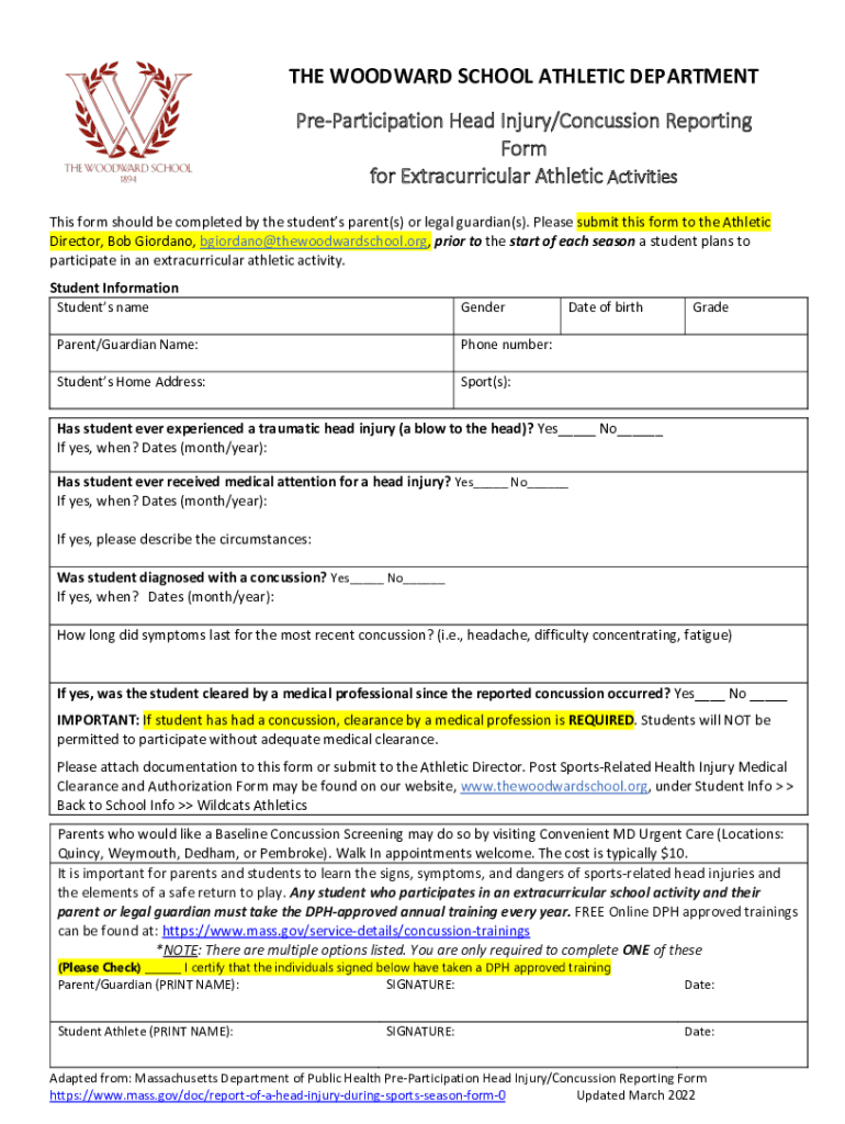 Fillable Online Pre-Participation Head Injury/Concussion Reporting Form ...