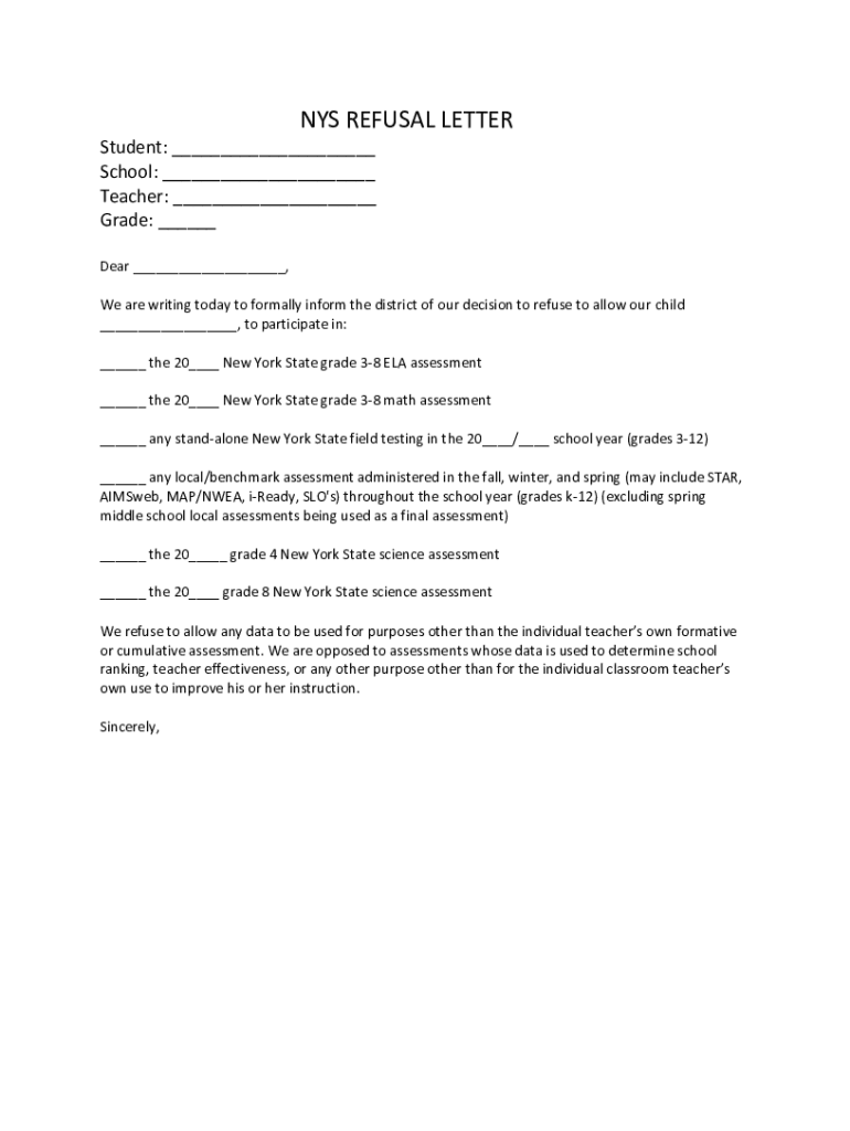 Fillable Online NYS REFUSAL LETTER Fax Email Print PdfFiller