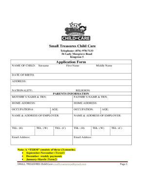 Fillable Online Small Treasures Child Care Application Form Fax Email ...