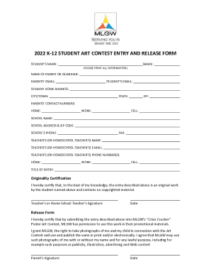 Fillable Online 2022 k-12 student art contest entry and release form ...