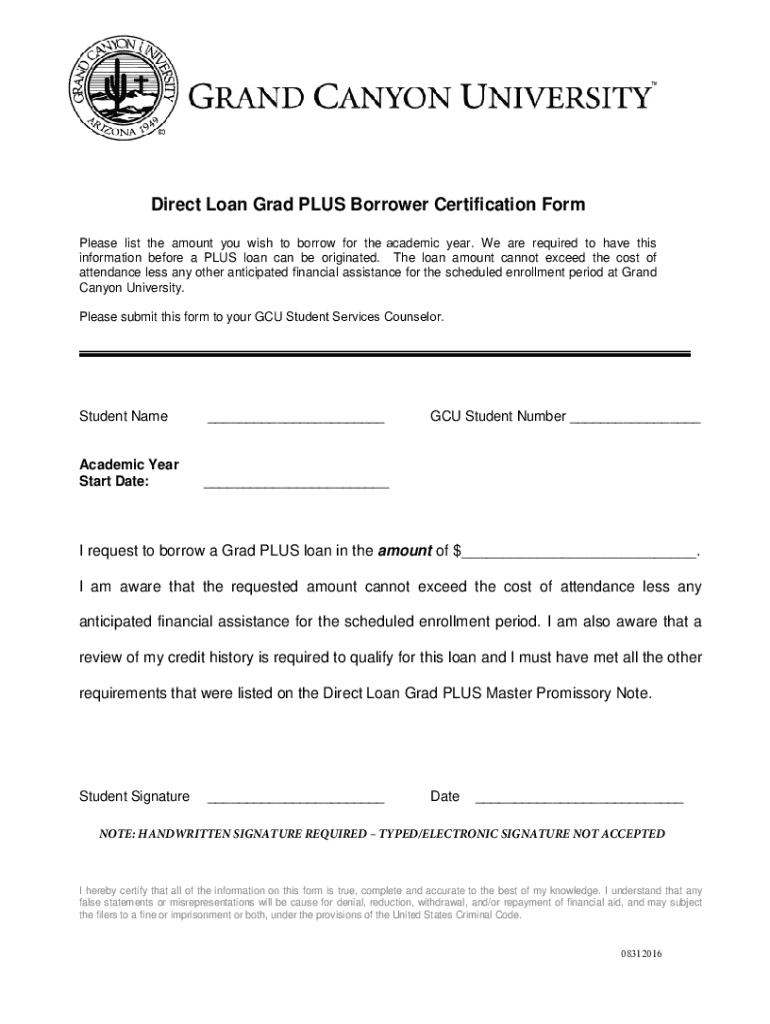 Fillable Online Direct Loan Grad PLUS Borrower Certification Form Fax ...