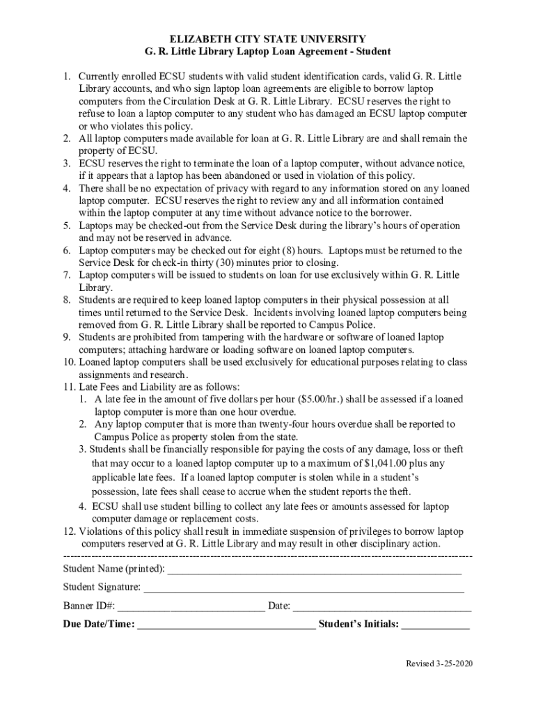Fillable Online GR Little Library Laptop Loan Agreement - Student Fax ...