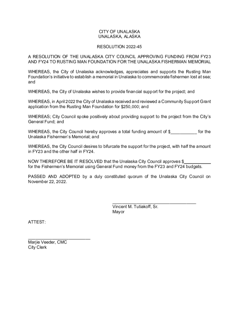 Fillable Online A RESOLUTION OF THE UNALASKA CITY COUNCIL APPROVING FUNDING FROM FY23 Fax Email ...