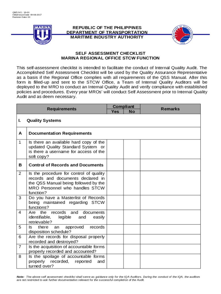 2 2 Self Assessment of Compliance - marina stcw Doc Template | pdfFiller