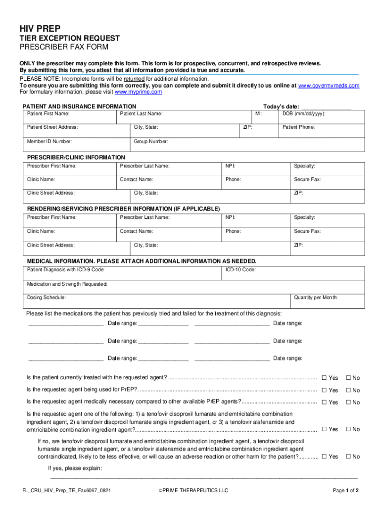 Fillable Online hiv prep - tier exception request prescriber fax form ...