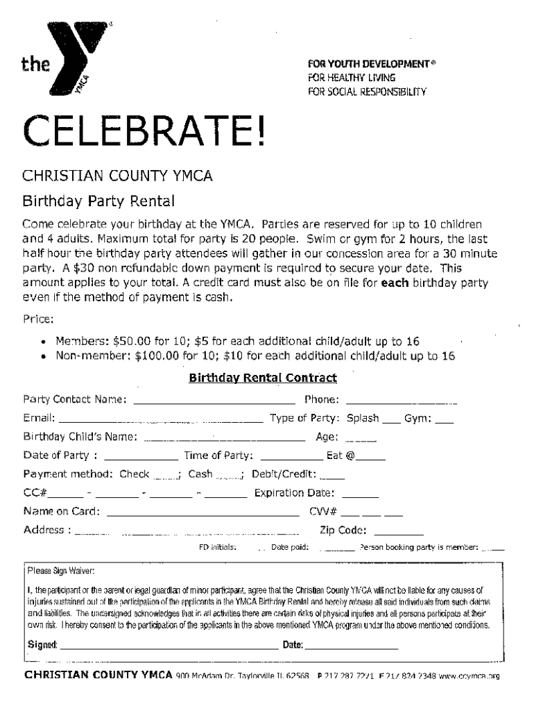 Fillable Online Birthday PartiesRose E. Schneider Family YMCA Fax Email Print - pdfFiller