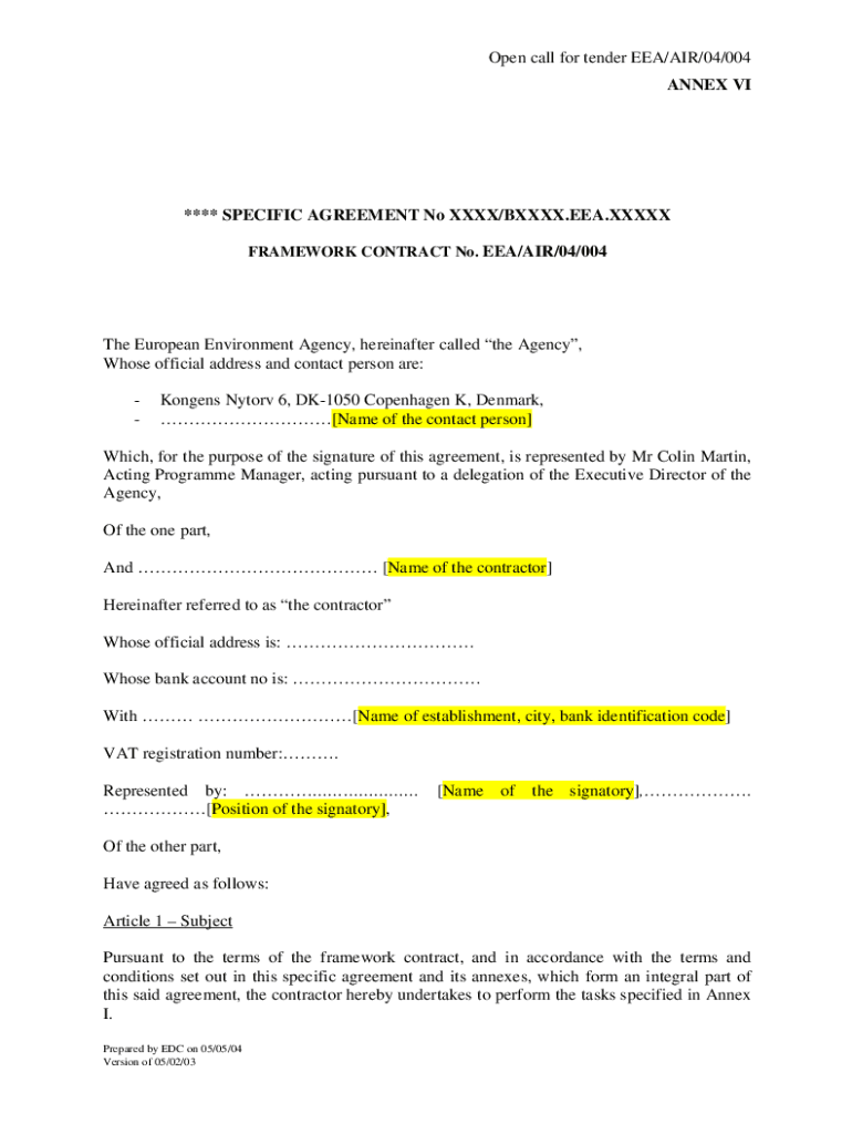 Fillable Online Annex VI **** SPECIFIC AGREEMENT No XXXX/BXXXX.EEA ...