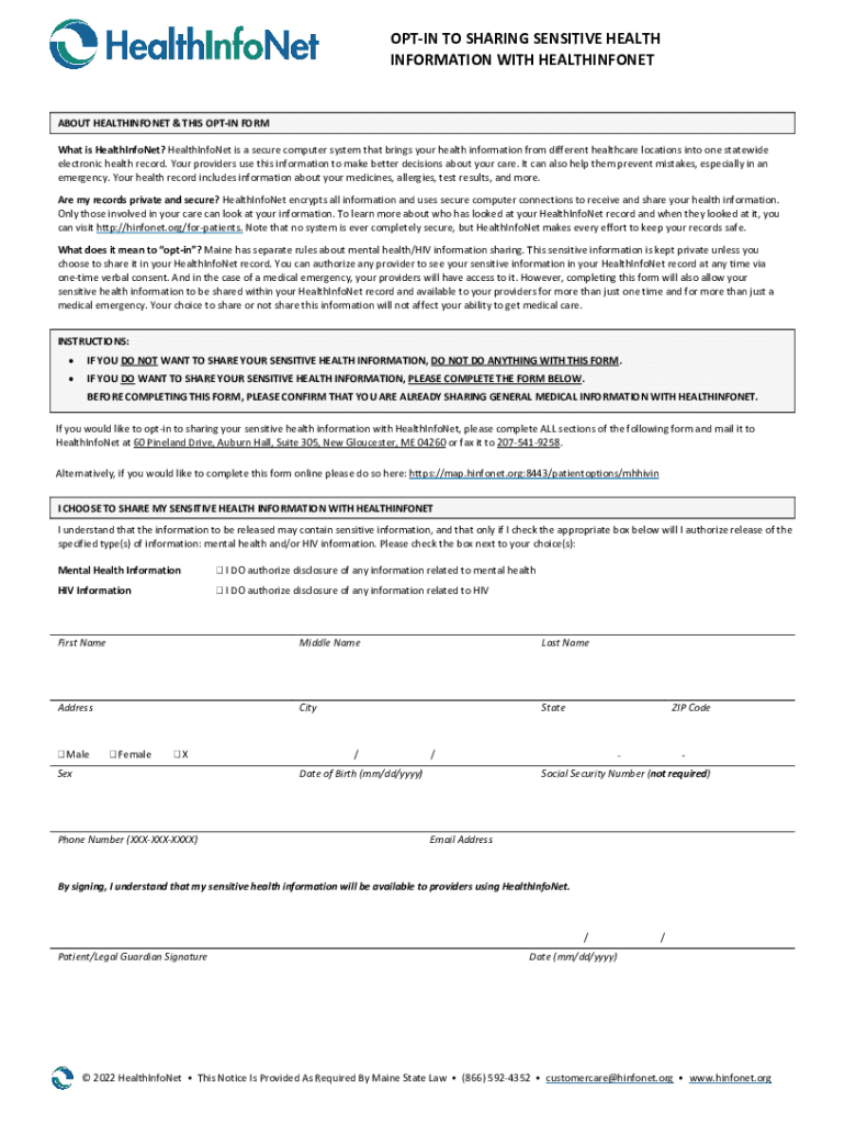 Fillable Online HealthInfoNet - HIE Opt-In Consent Form for Sensitive ...