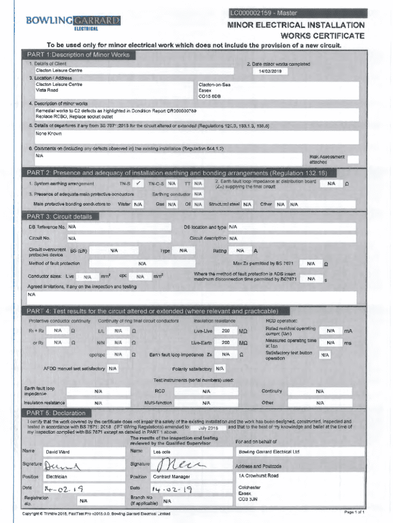 Fillable Online Bowling Garrard - Minor Electrical Installation Works ...