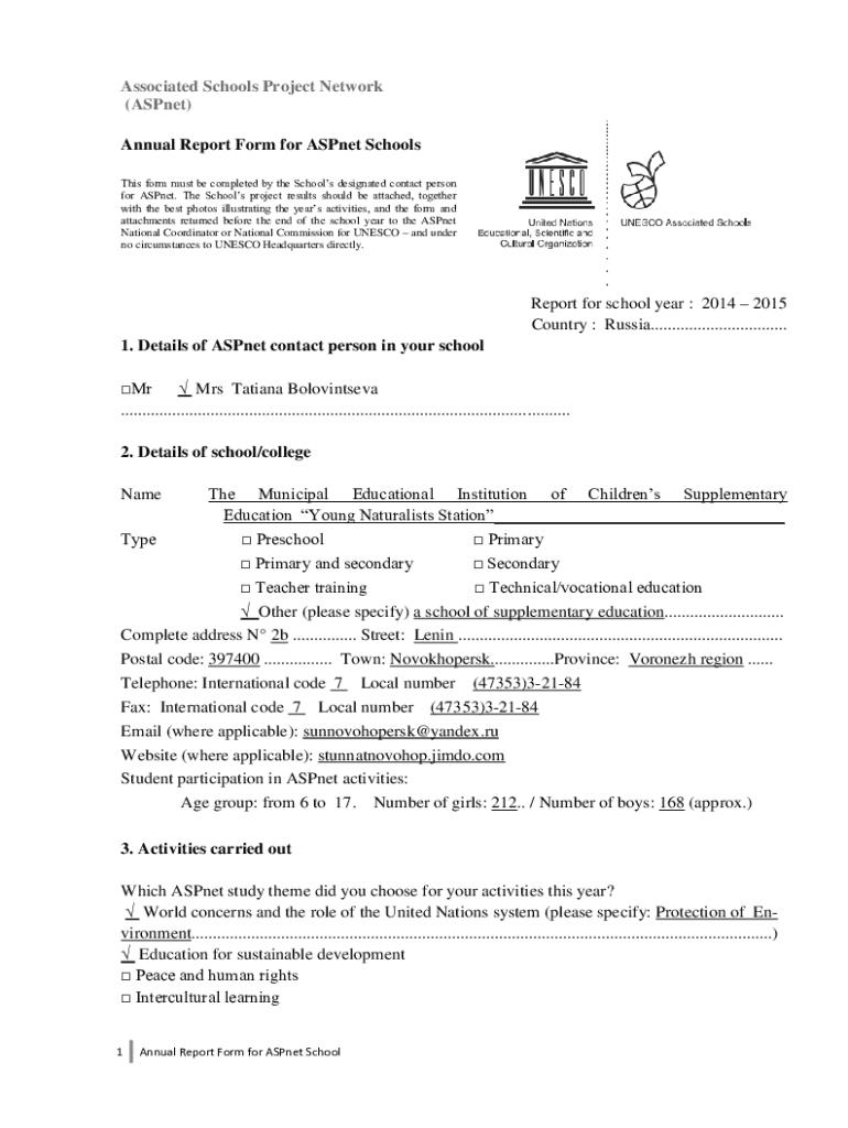 Fillable Online Annual Report Form For Aspnet Schools Fax Email Print Pdffiller