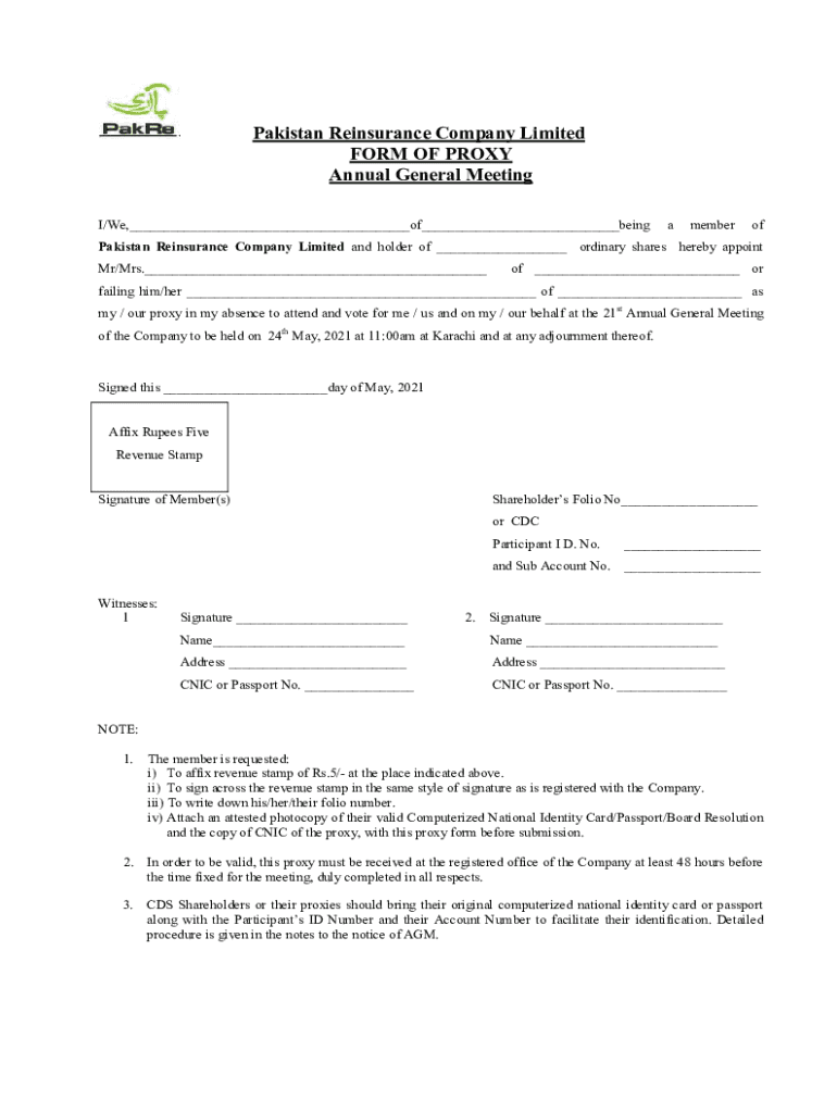 Fillable Online Pakistan Reinsurance Company Limited FORM OF PROXY ... Fax Email Print - pdfFiller