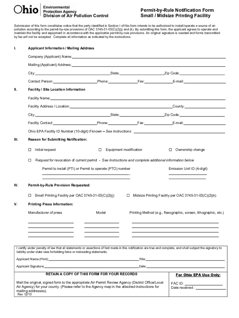 Fillable Online epa ohio Permit-by-Rule Notification Form Small ...
