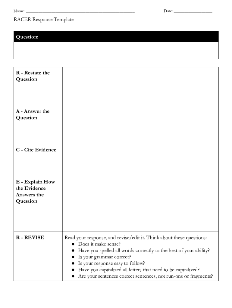 Fillable Online RACER Response Template Question: R - Answer the ...