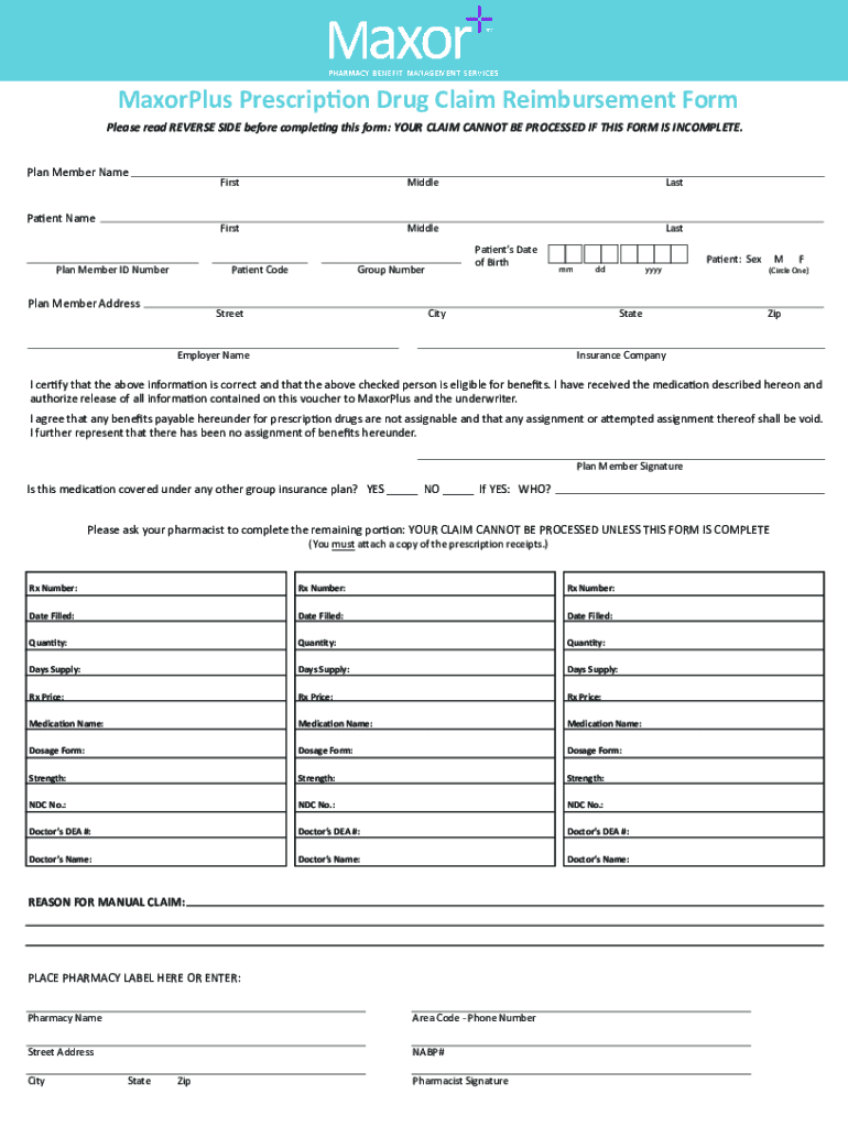 Fillable Online MaxorPlus Prescrip on Drug Claim Reimbursement Form Fax ...