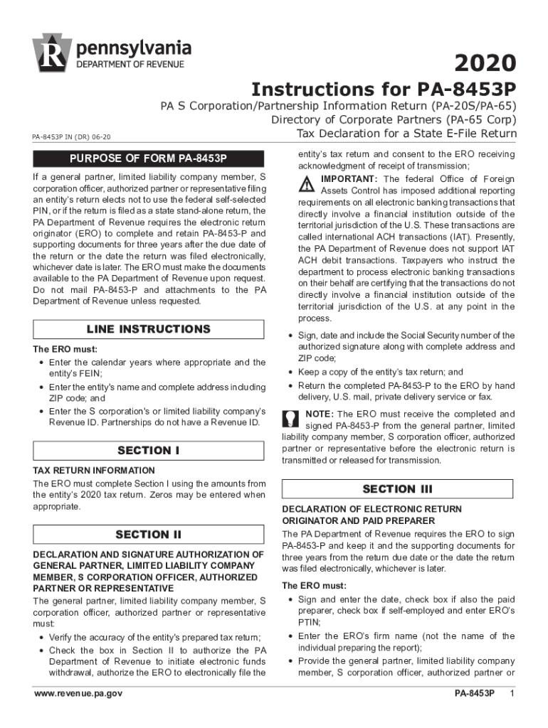 Fillable Online 2020 - PA-8453-P - PA S Corporation/Partnership ...
