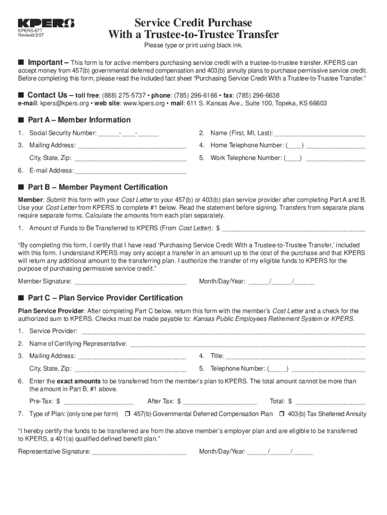 Fillable Online Service Credit Purchase With a Trustee-to-Trustee ...