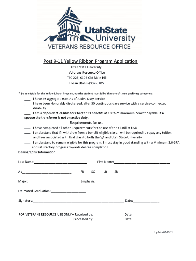 Fillable Online Utah State University - LoganGI Bill or Yellow Ribbon ...