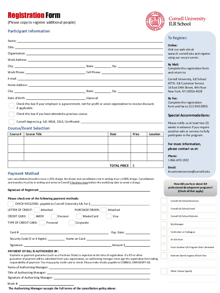 Fillable Online Registration InformationThe ILR School - Cornell ...