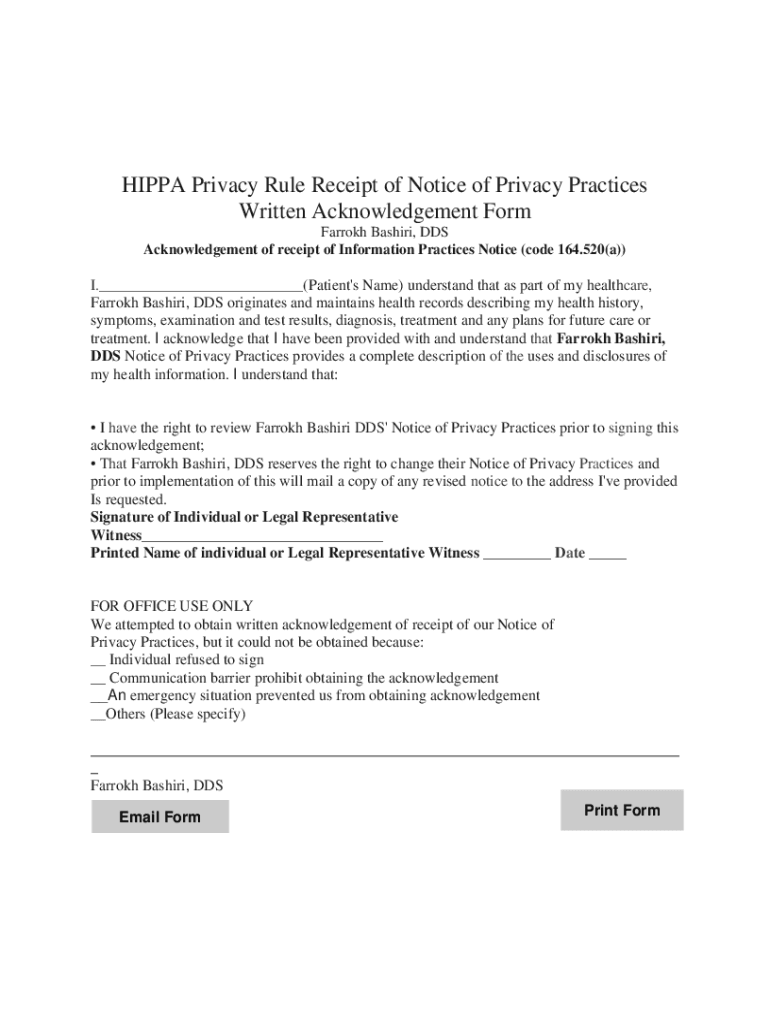 Fillable Online HIPPA Privacy Rule Receipt of Notice of ... Fax Email ...