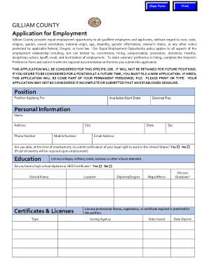 Fillable Online GILLIAM COUNTY Application for Employment Position ...