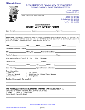 Fillable Online complaint intake form - Tillamook County Oregon Fax ...