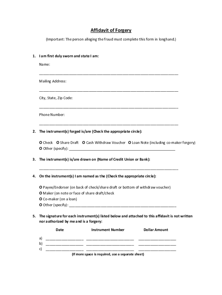 Fillable Online Affidavit of Forgery Form Fax Email Print - pdfFiller