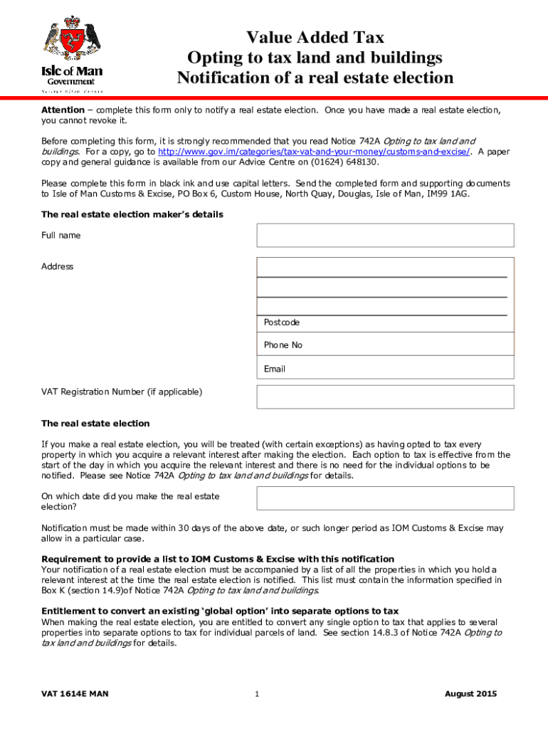 Fillable Online VAT 1614E MAN - Notification of a real estate election ...
