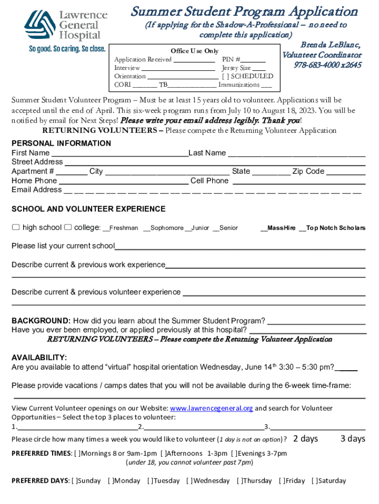 Fillable Online Summer Student Prog ram Application Fax Email Print ...