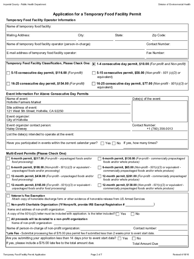 Fillable Online Application for a Temporary Food Facility Permit Fax ...