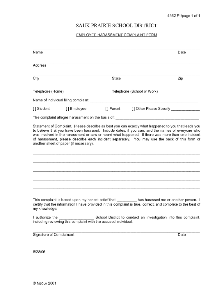 Fillable Online Employee Harassment Complaint Form Fax Email Print ...