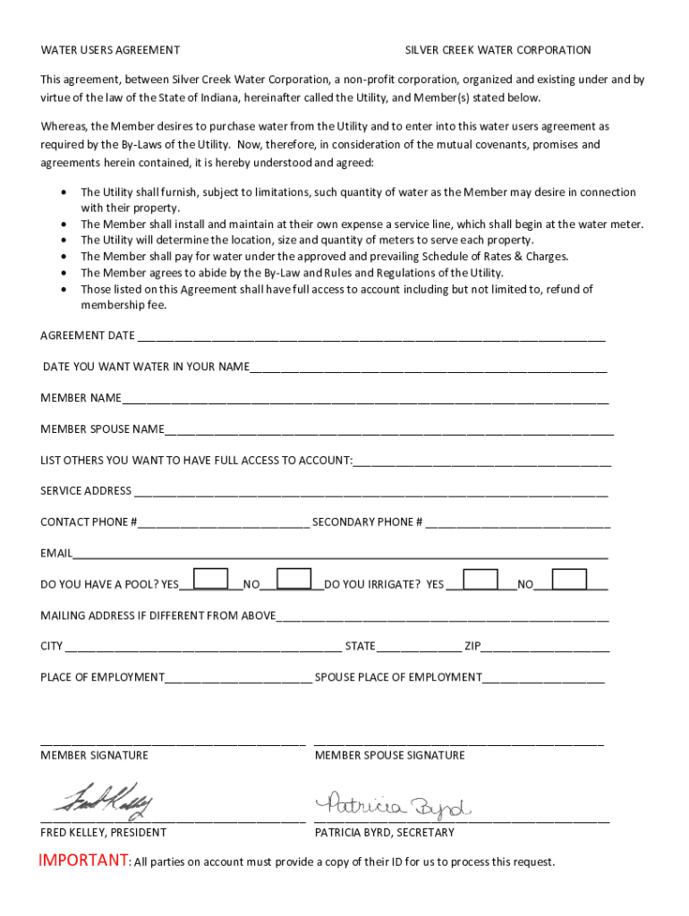Fillable Online WATER USERS AGREEMENT SILVER ... Fax Email Print ...