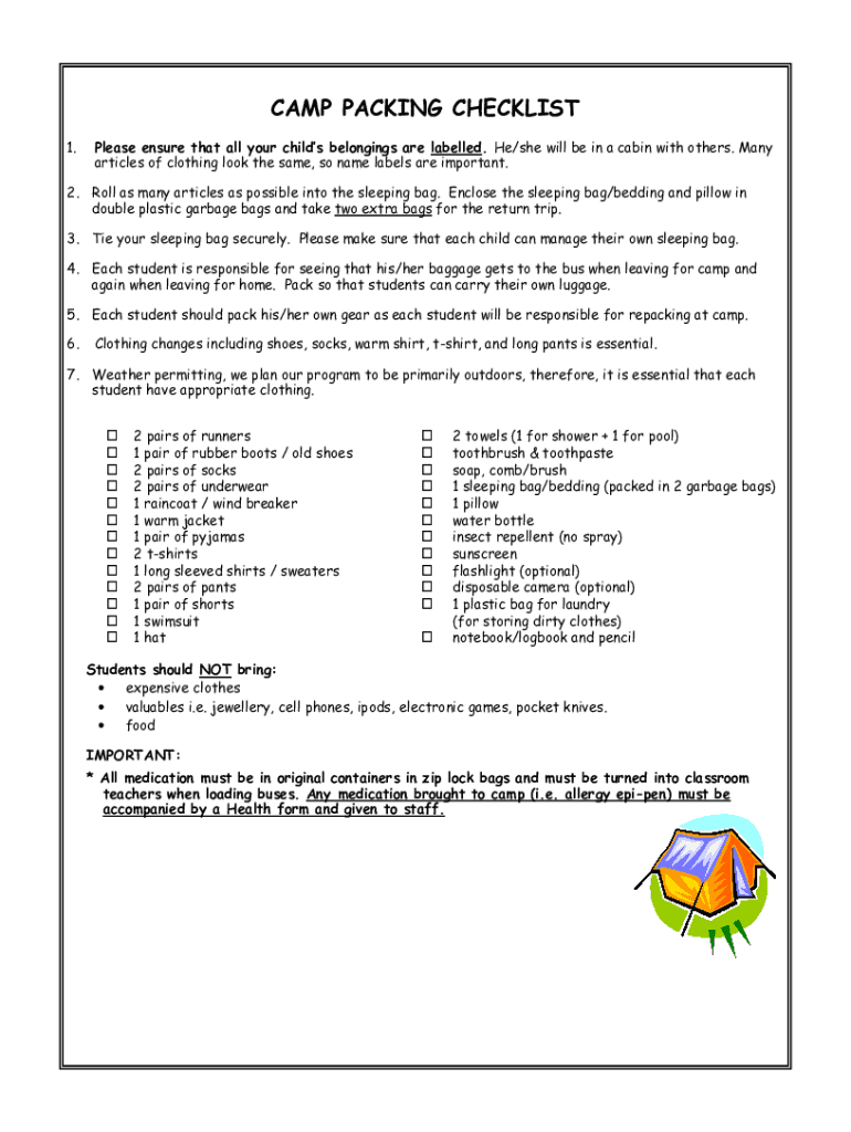 Fillable Online Summer Camp Packing Tips and a Printable Packing List ...