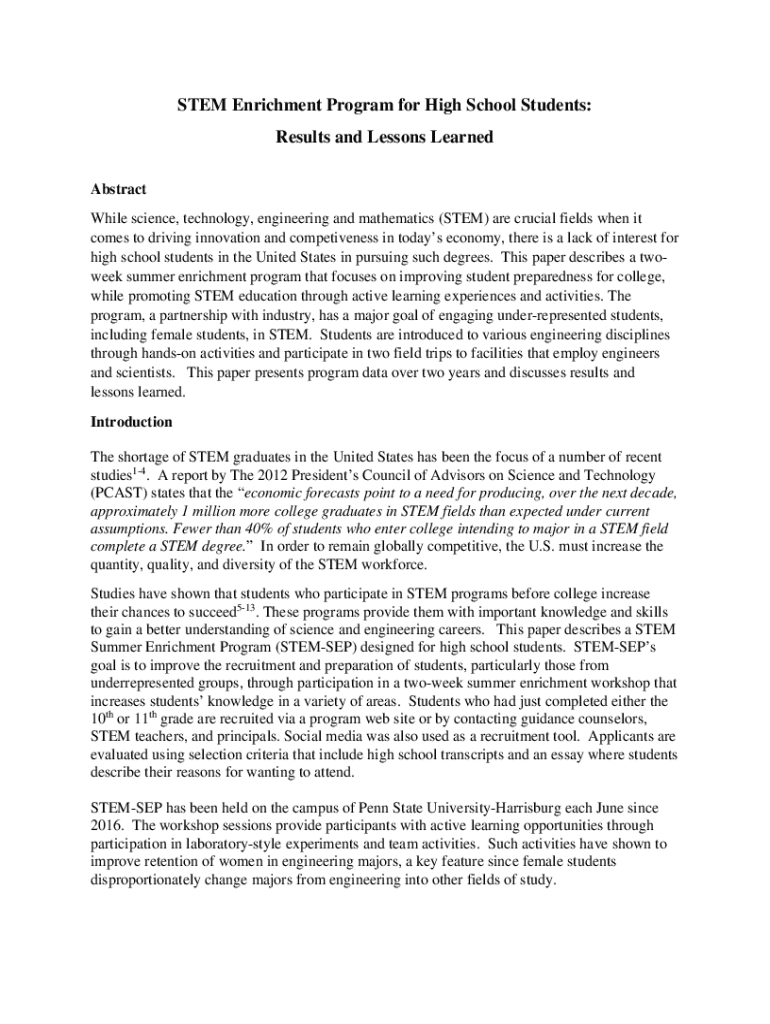 Fillable Online STEM Enrichment Program for High School Students Fax ...