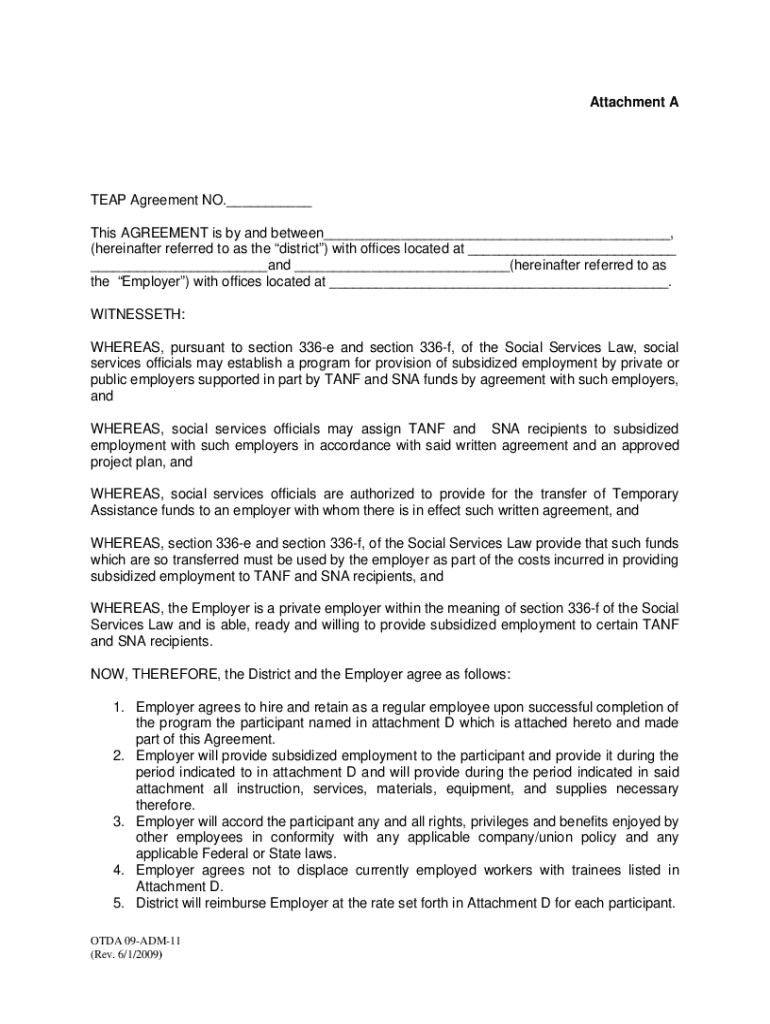 Fillable Online otda ny 09 ADM-11 Attachment A TEAP Agreement Fax Email ...